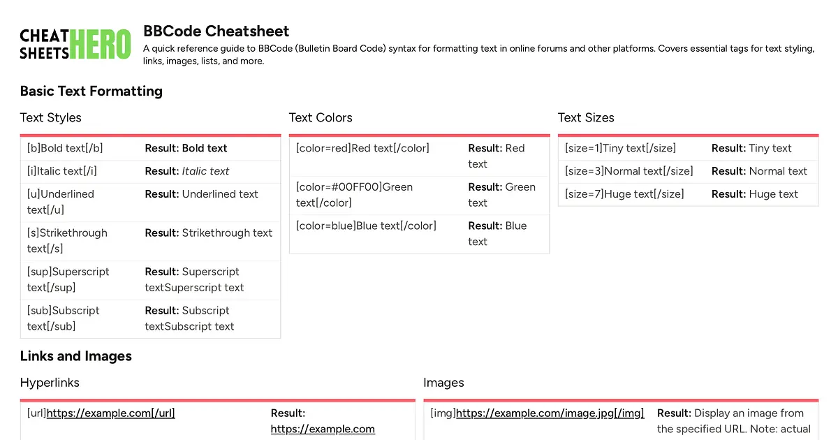 BBCode Cheatsheet | Cheat Sheets Hero
