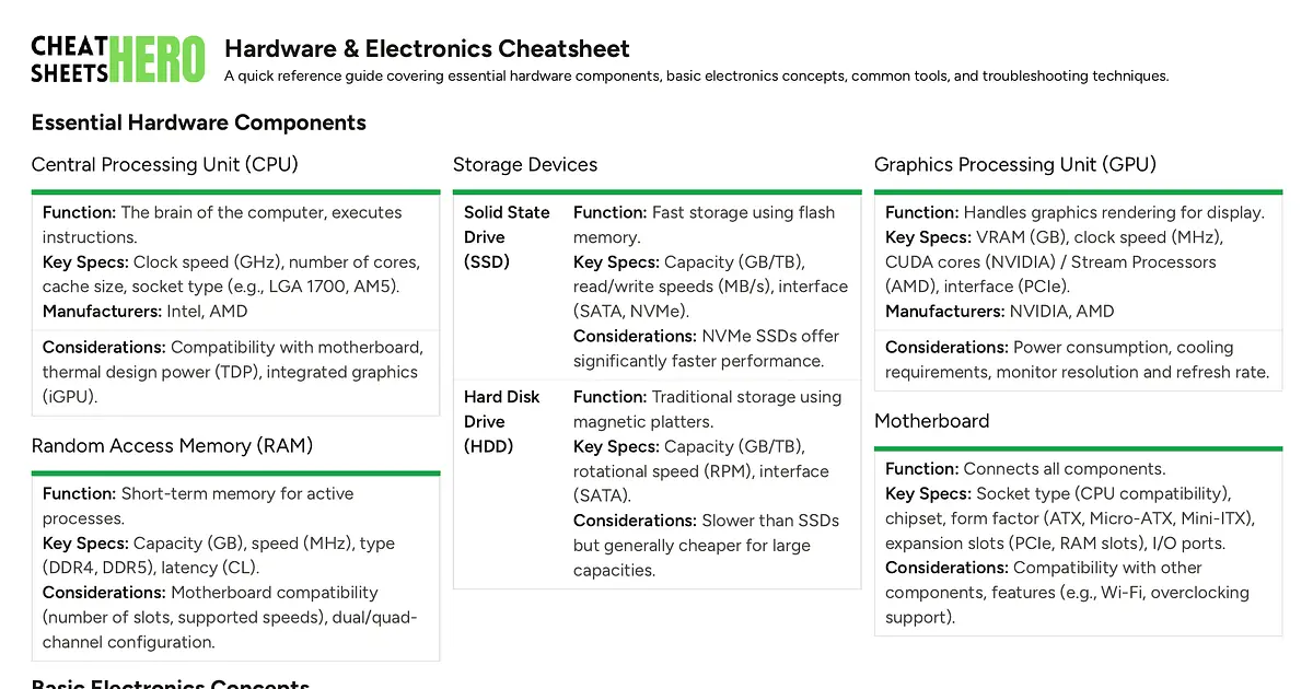 Hardware & Electronics Cheatsheet | Cheat Sheets Hero