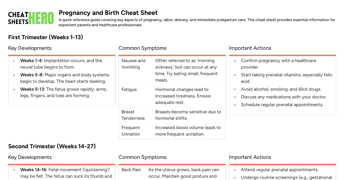 Pregnancy and Birth Cheat Sheet Cheatsheet | Cheat Sheets Hero
