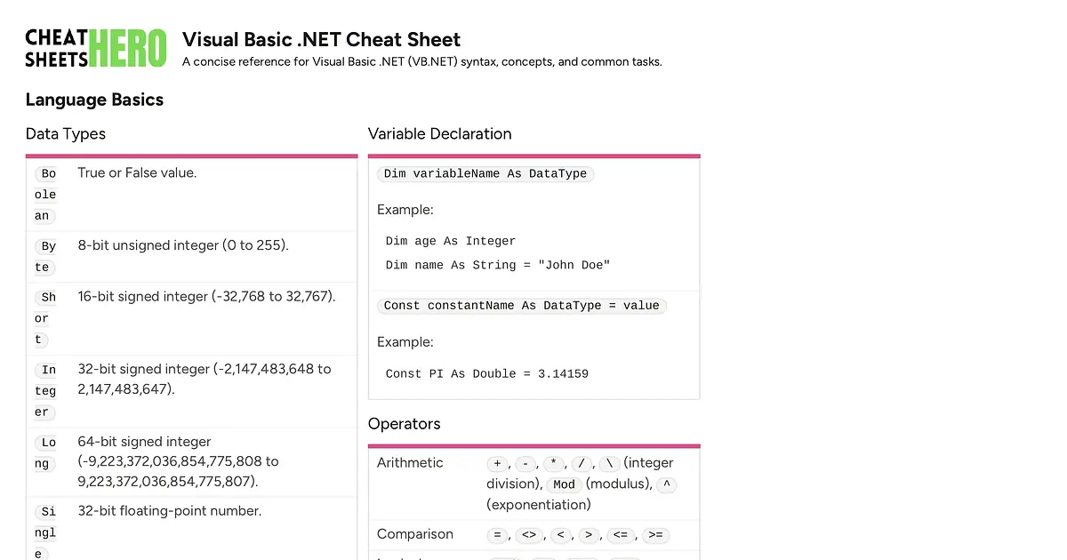 Visual Basic .NET Cheat Sheet Cheatsheet | Cheat Sheets Hero