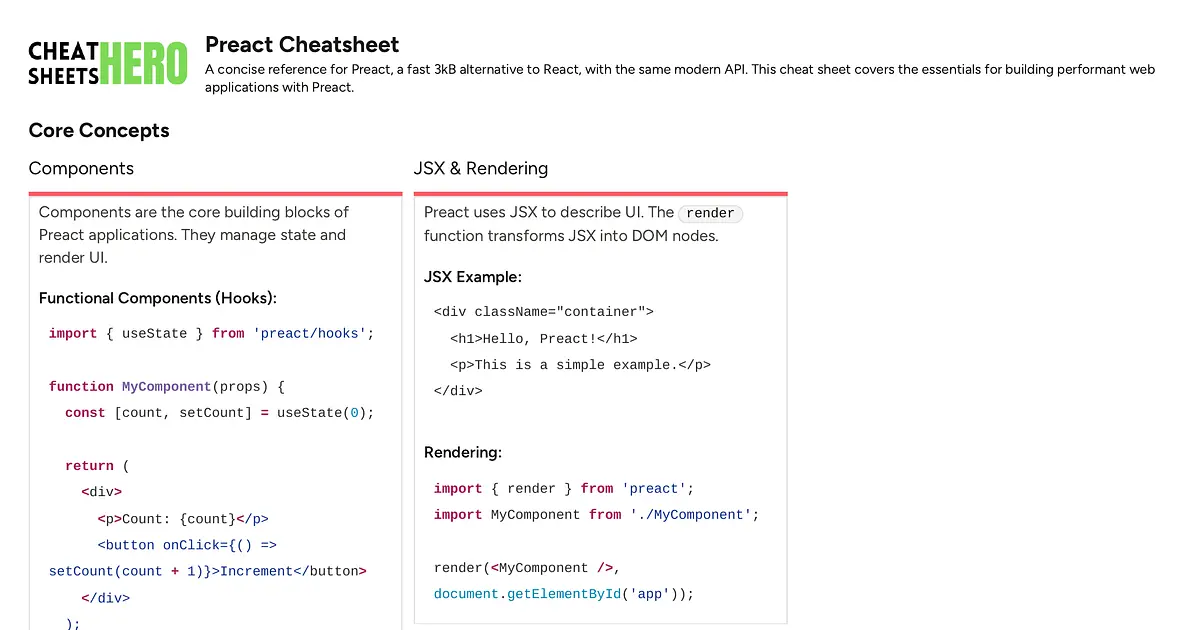Preact Cheatsheet | Cheat Sheets Hero