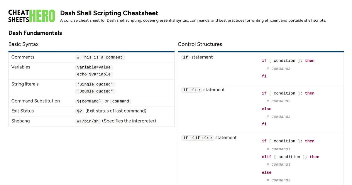 Dash Shell Scripting Cheatsheet | Cheat Sheets Hero