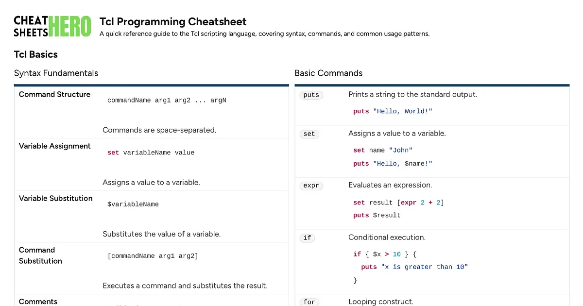 Tcl Programming Cheatsheet | Cheat Sheets Hero