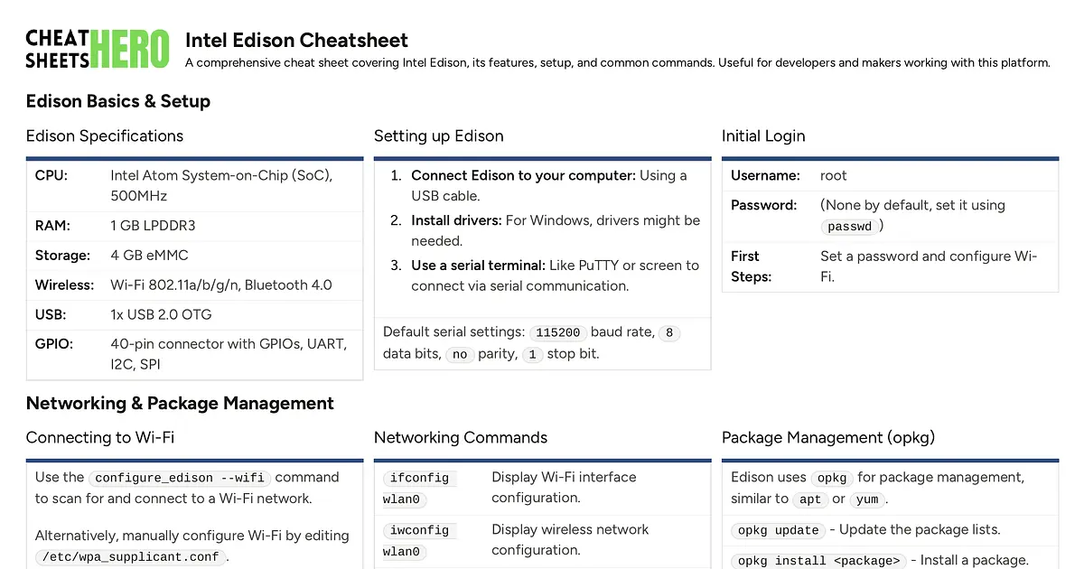 Intel Edison Cheatsheet | Cheat Sheets Hero