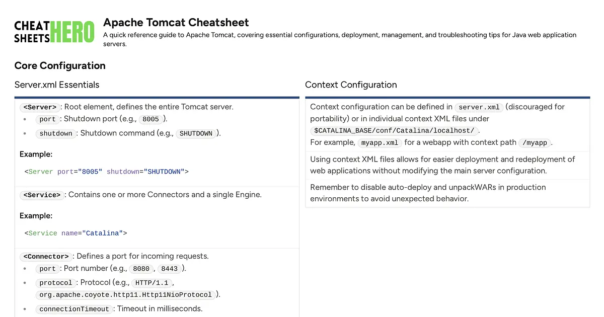 Apache Tomcat Cheatsheet | Cheat Sheets Hero