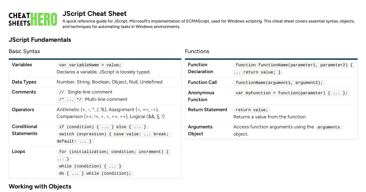 JScript Cheat Sheet Cheatsheet | Cheat Sheets Hero
