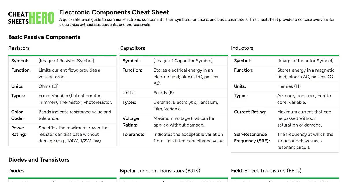 Electronic Components Cheat Sheet Cheatsheet | Cheat Sheets Hero