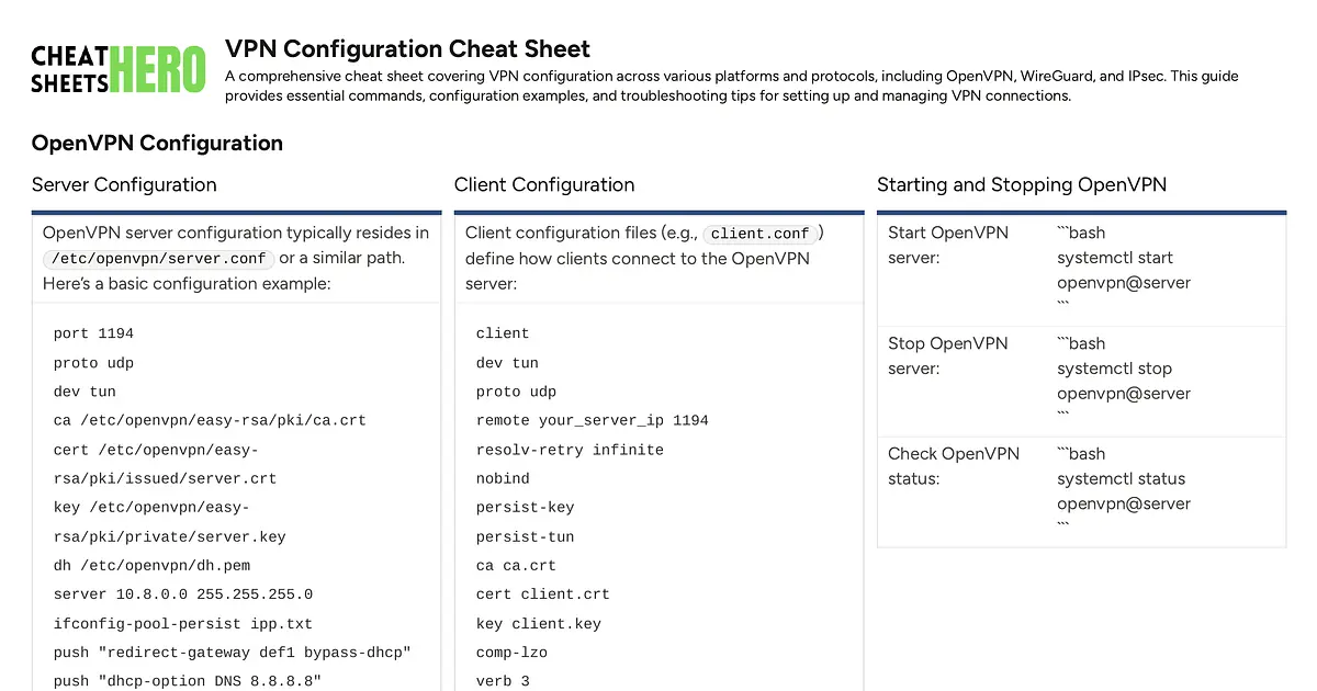 VPN Configuration Cheat Sheet Cheatsheet | Cheat Sheets Hero