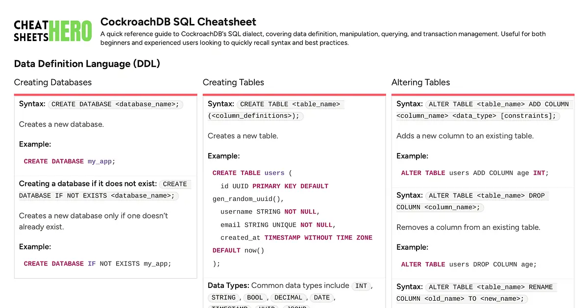 CockroachDB SQL Cheatsheet | Cheat Sheets Hero