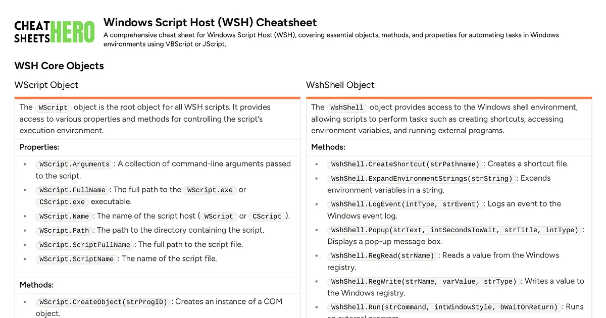 Windows Script Host (WSH) Cheatsheet | Cheat Sheets Hero