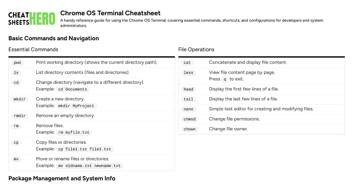 Chrome OS Terminal Cheatsheet | Cheat Sheets Hero