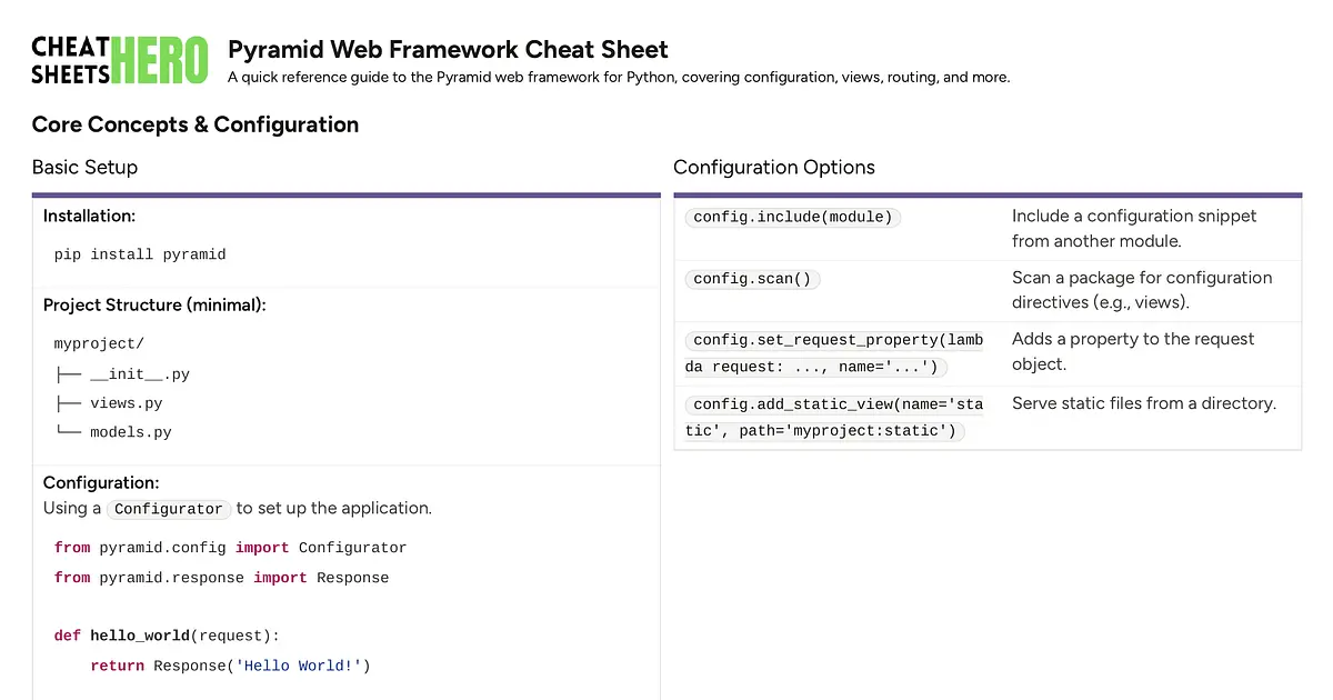 Pyramid Web Framework Cheat Sheet Cheatsheet | Cheat Sheets Hero