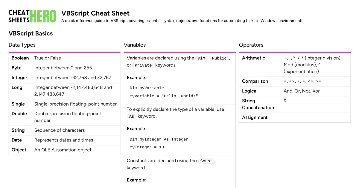 VBScript Cheat Sheet Cheatsheet | Cheat Sheets Hero