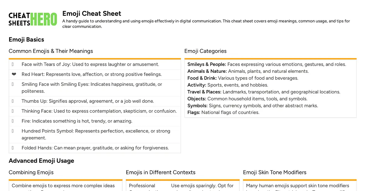 Emoji Cheat Sheet Cheatsheet | Cheat Sheets Hero