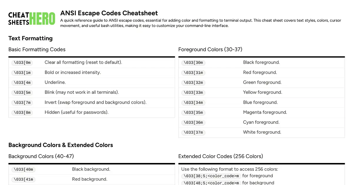 ANSI Escape Codes Cheatsheet | Cheat Sheets Hero