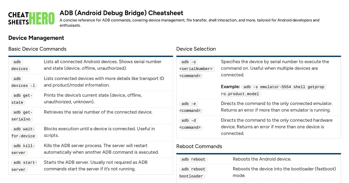 ADB (Android Debug Bridge) Cheatsheet | Cheat Sheets Hero