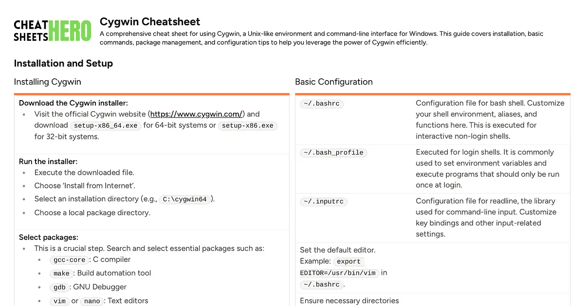 Cygwin Cheatsheet | Cheat Sheets Hero