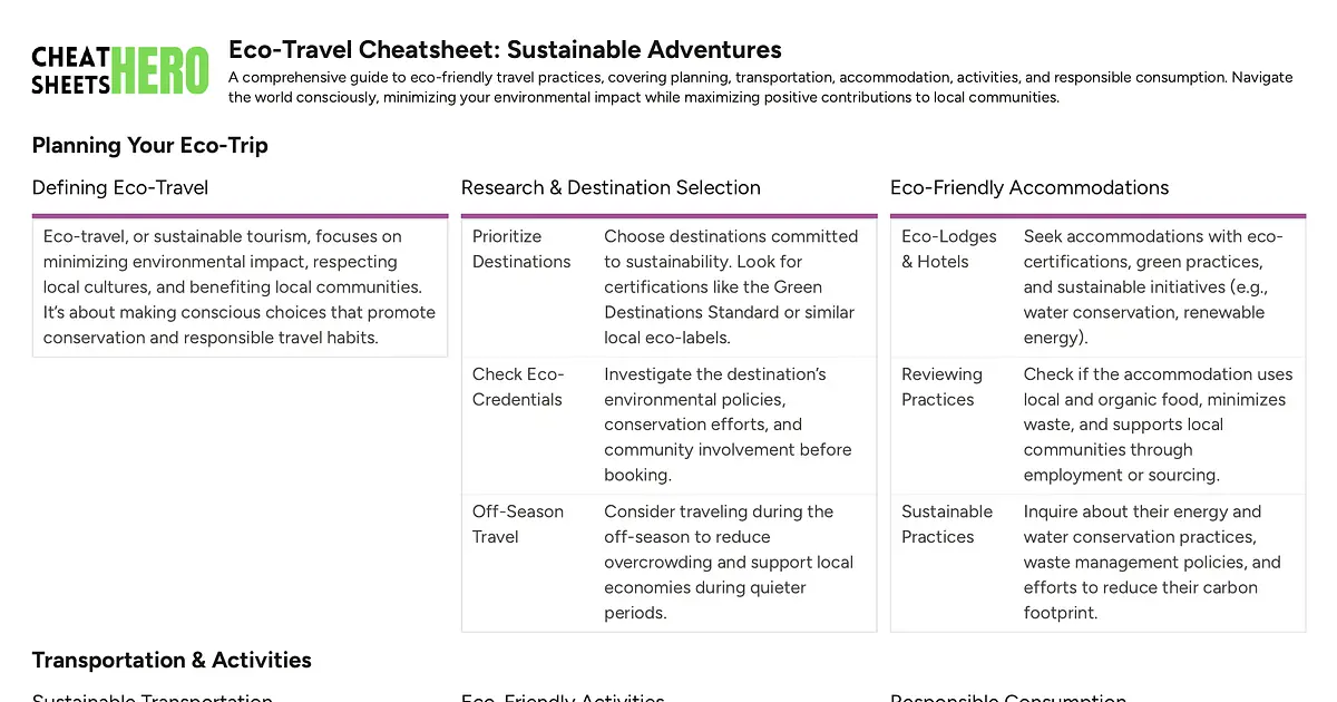 Eco-Travel Cheatsheet: Sustainable Adventures | Cheat Sheets Hero