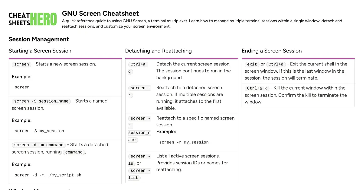 GNU Screen Cheatsheet | Cheat Sheets Hero