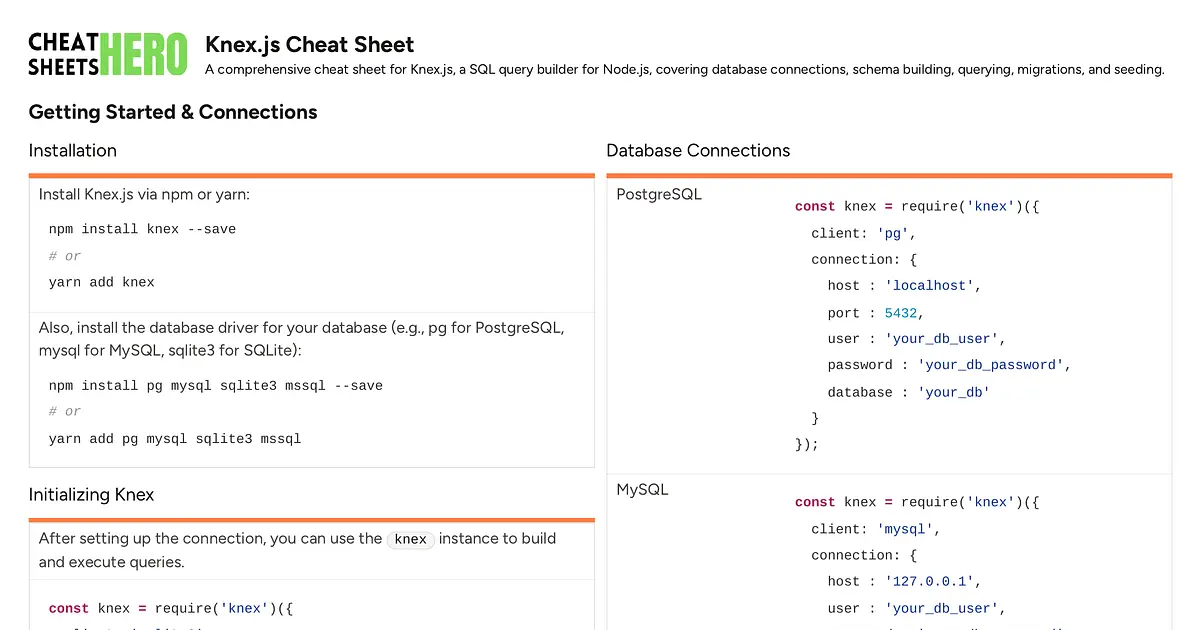 Knex.js Cheat Sheet Cheatsheet | Cheat Sheets Hero