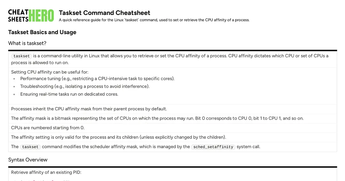 Taskset Command Cheatsheet | Cheat Sheets Hero