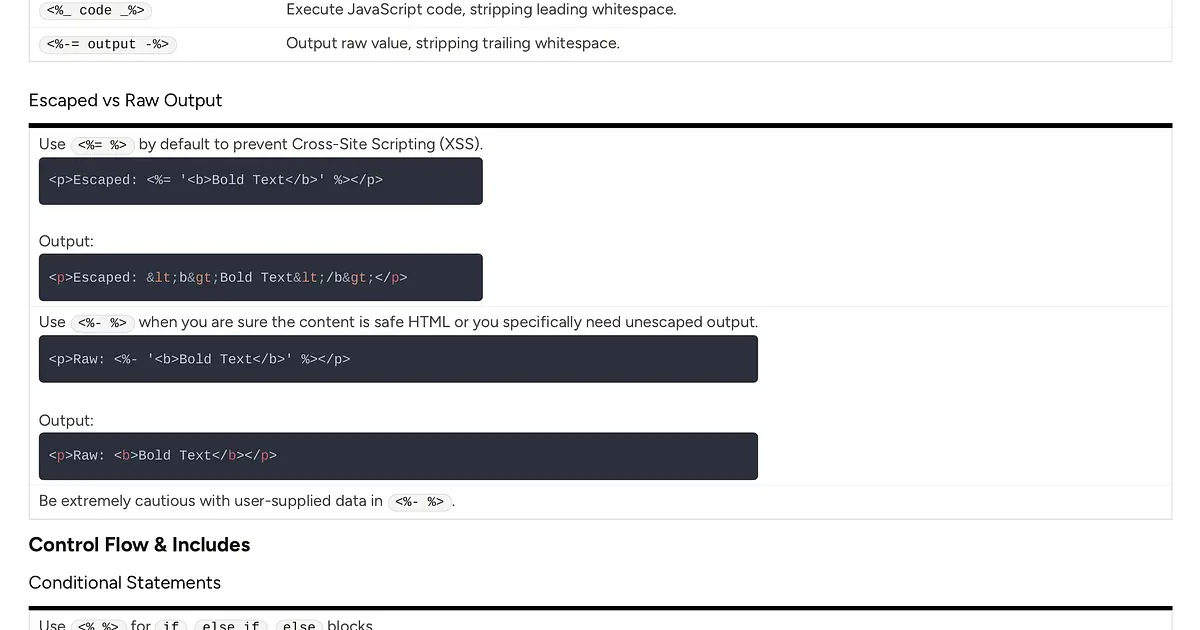 EJS (Embedded JavaScript) Cheatsheet | Cheat Sheets Hero