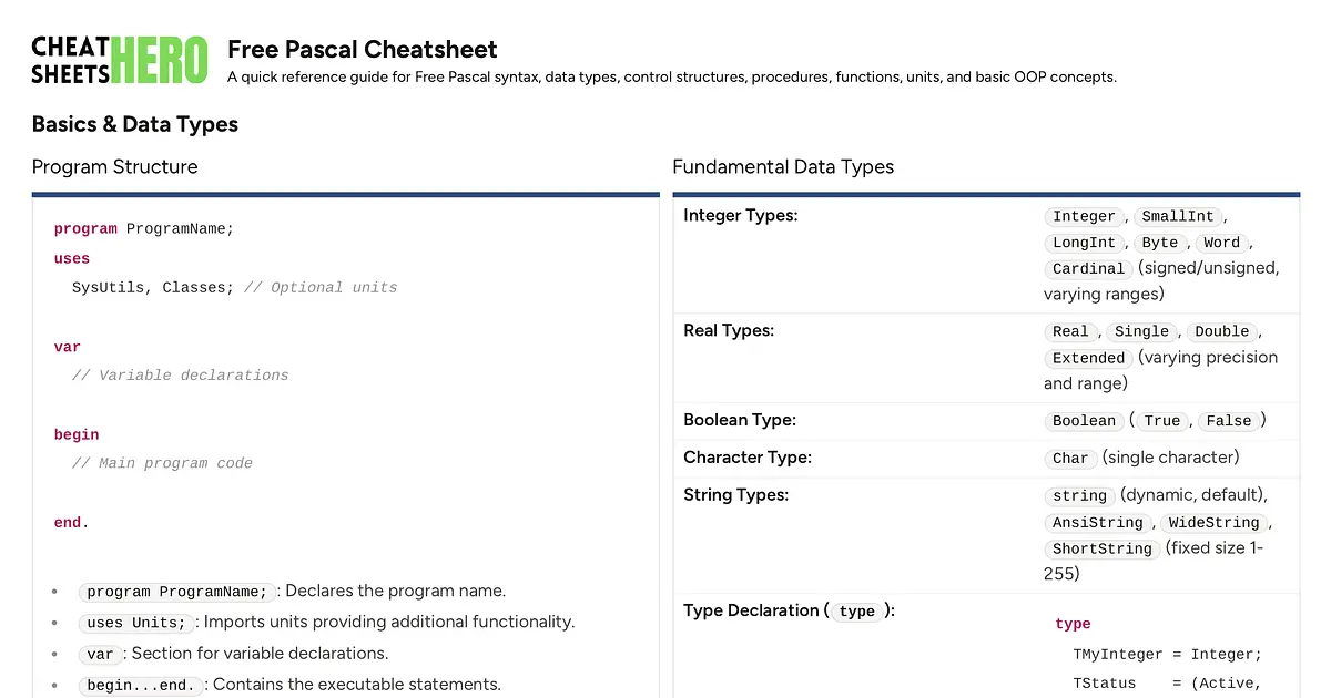 Free Pascal Cheatsheet | Cheat Sheets Hero