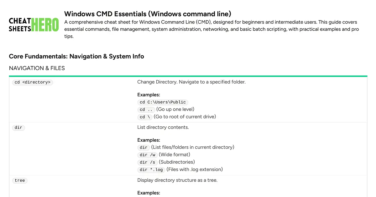Windows CMD Essentials (Windows command line) | Cheat Sheets Hero